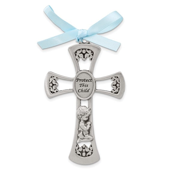 Pewter Protect This child with Praying Boy and Blue Ribbon Crib Cross ...